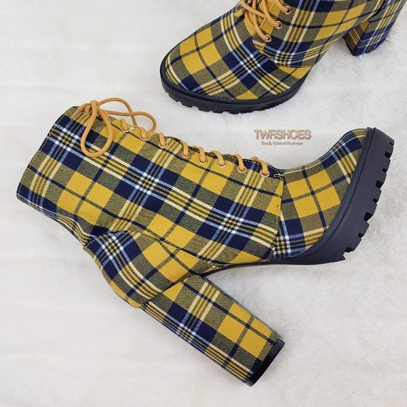 Mata | Shoes | Sexy Yellow Plaid Chunky Heel Lace Up Ankle Boots | Poshmark